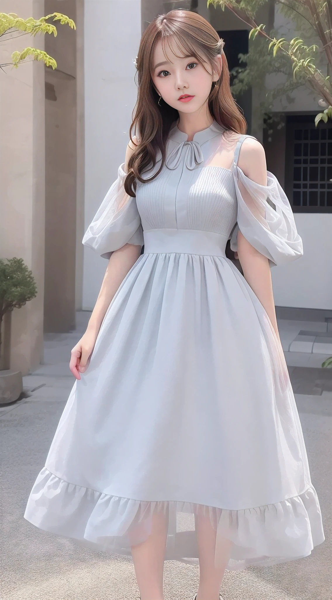 A woman wearing a gray dress and heels standing in front of a building ...