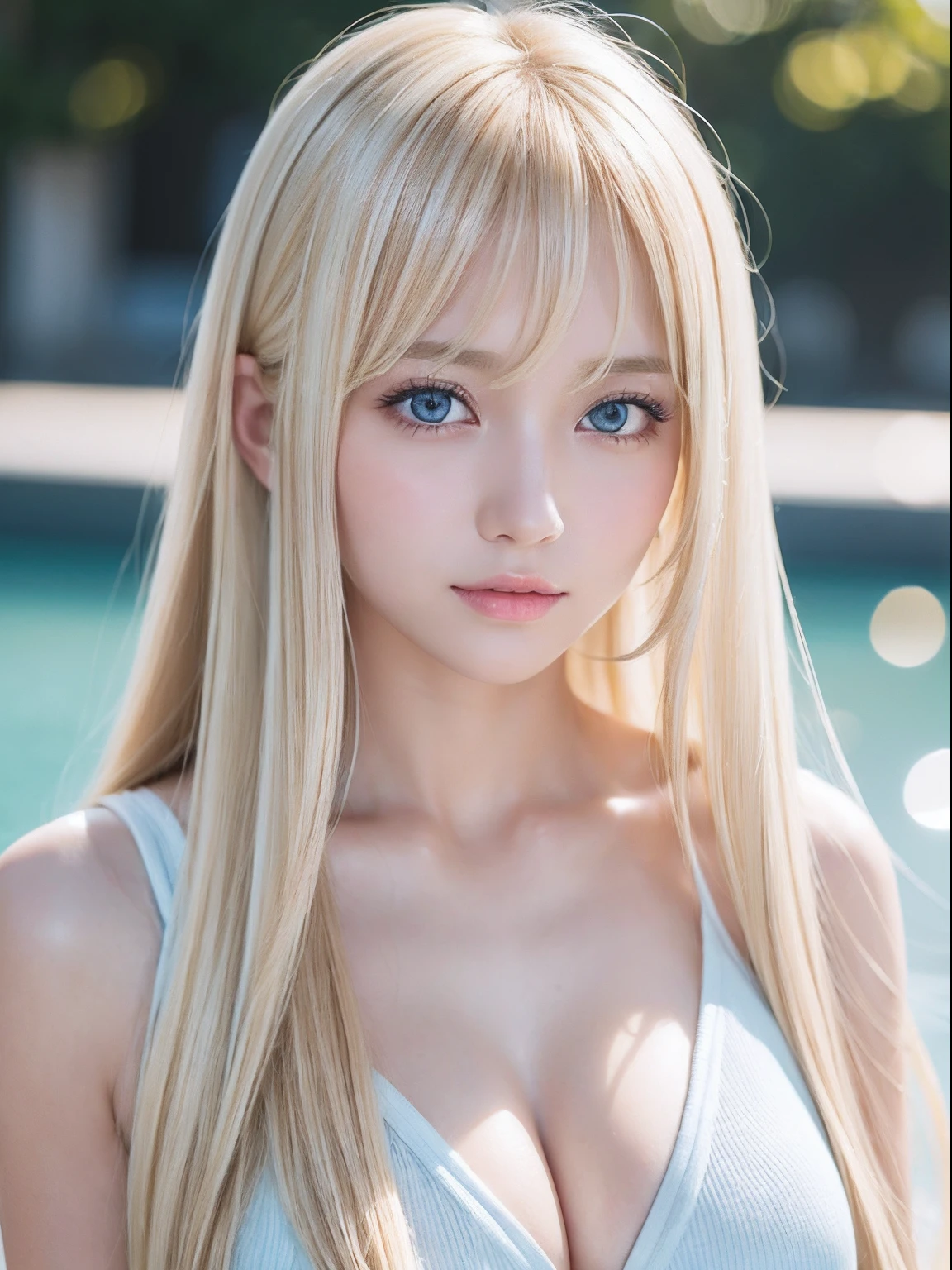 A close up of a woman with long blonde hair and blue eyes - SeaArt AI