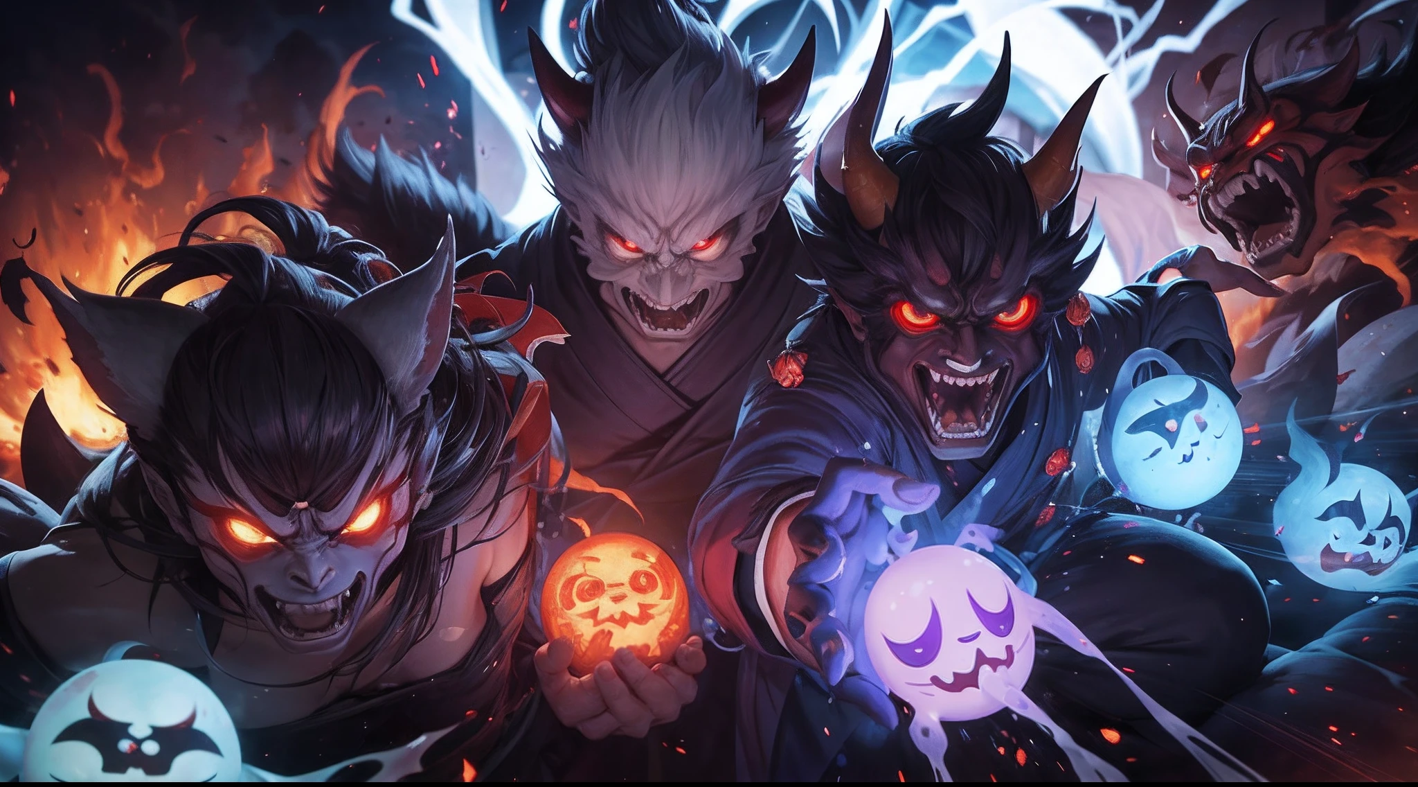 A group of demonic characters holding glowing balls in front of a fire ...