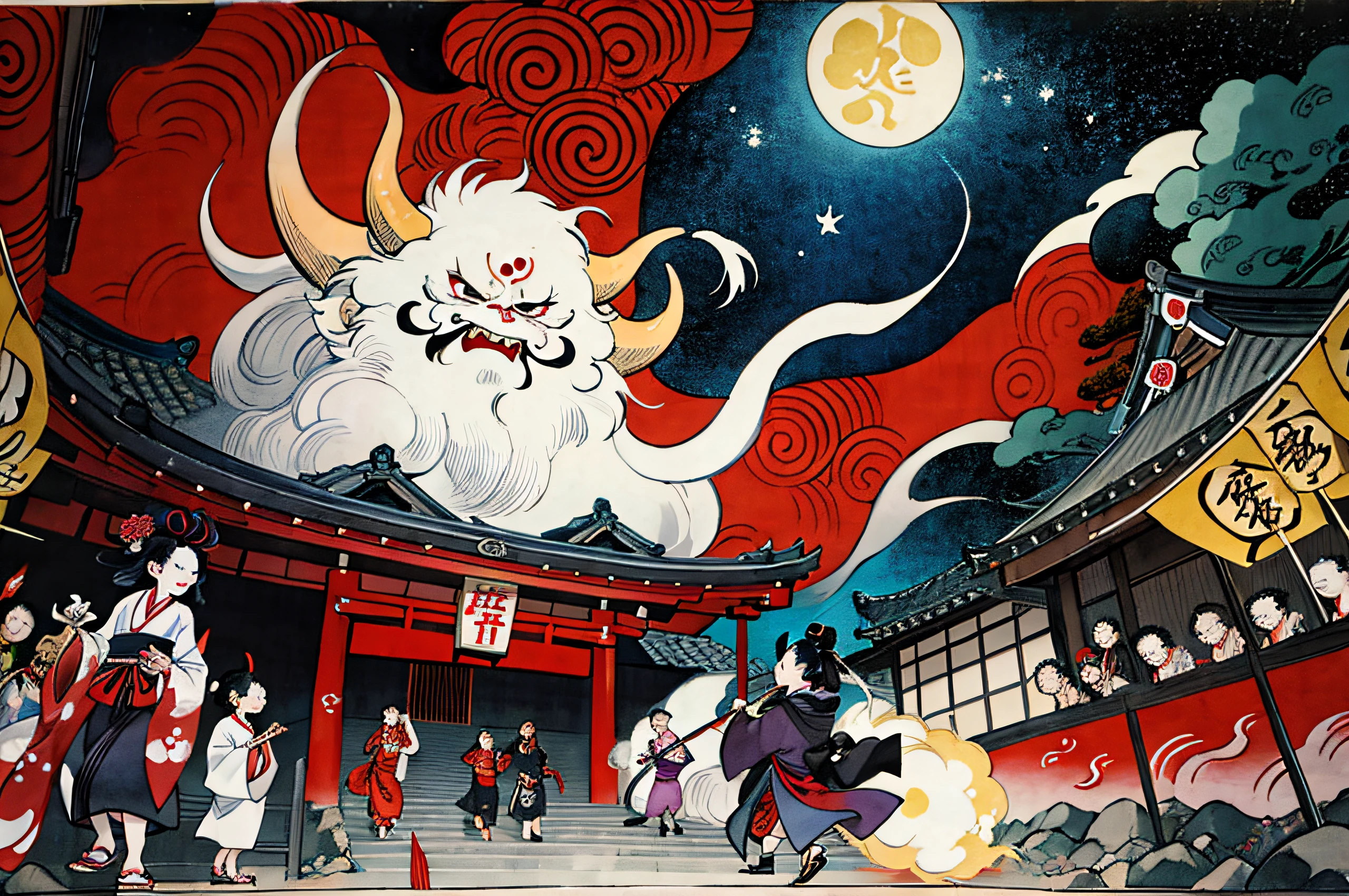 Painting of a demon attacking a demon in a japanese temple - SeaArt AI