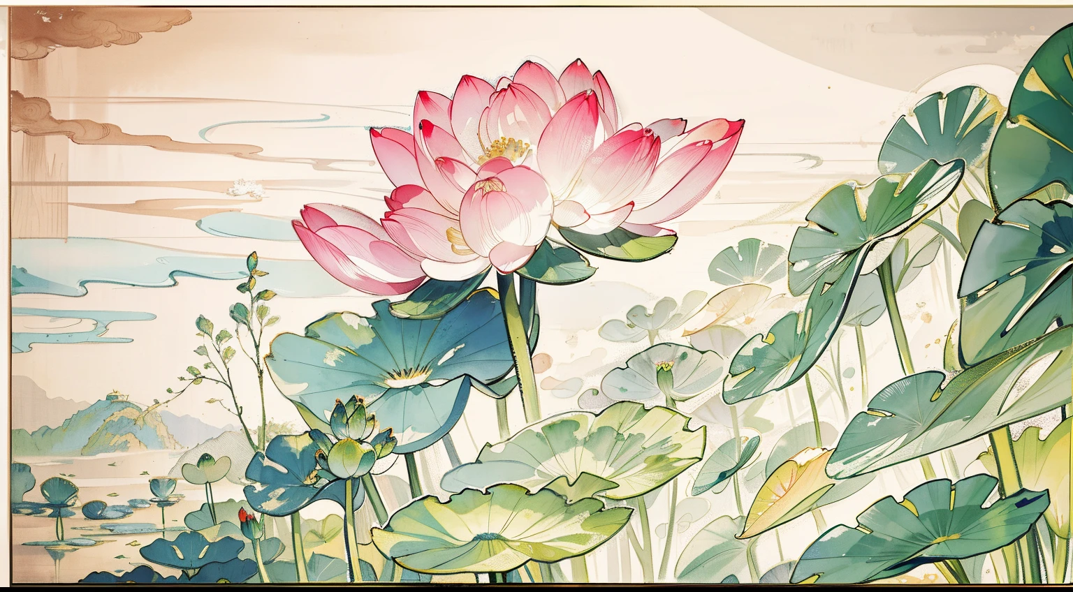 Painting of a pink lotus flower in a field of green leaves - SeaArt AI