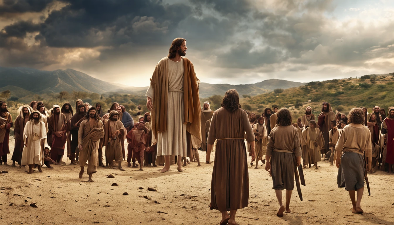 Jesus walking in front of a crowd of people - SeaArt AI