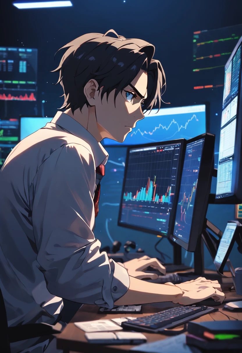 Anime guy sitting at a desk with a computer and monitor - SeaArt AI
