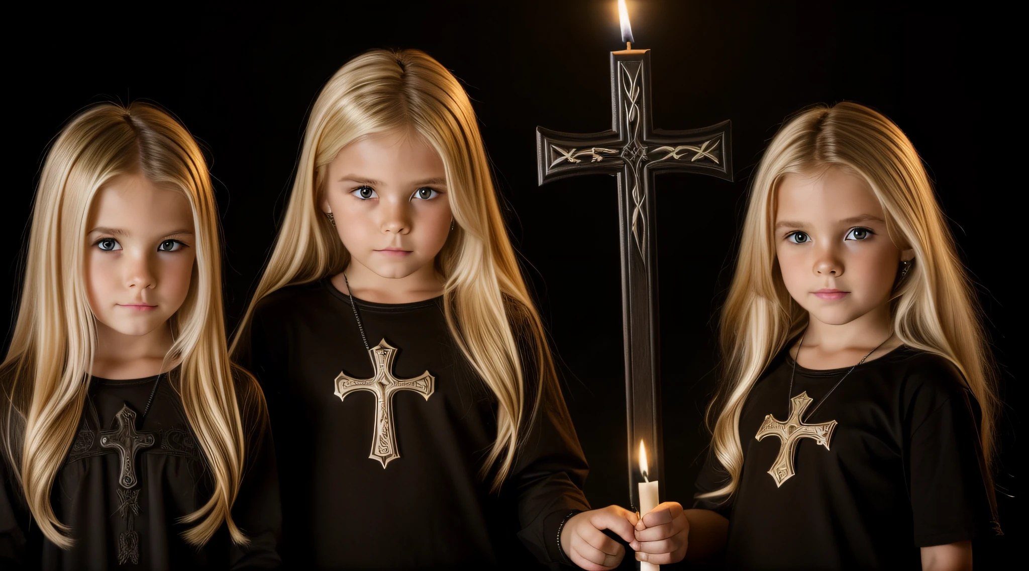 Three little girls in black shirts holding a candle and a sword - SeaArt AI