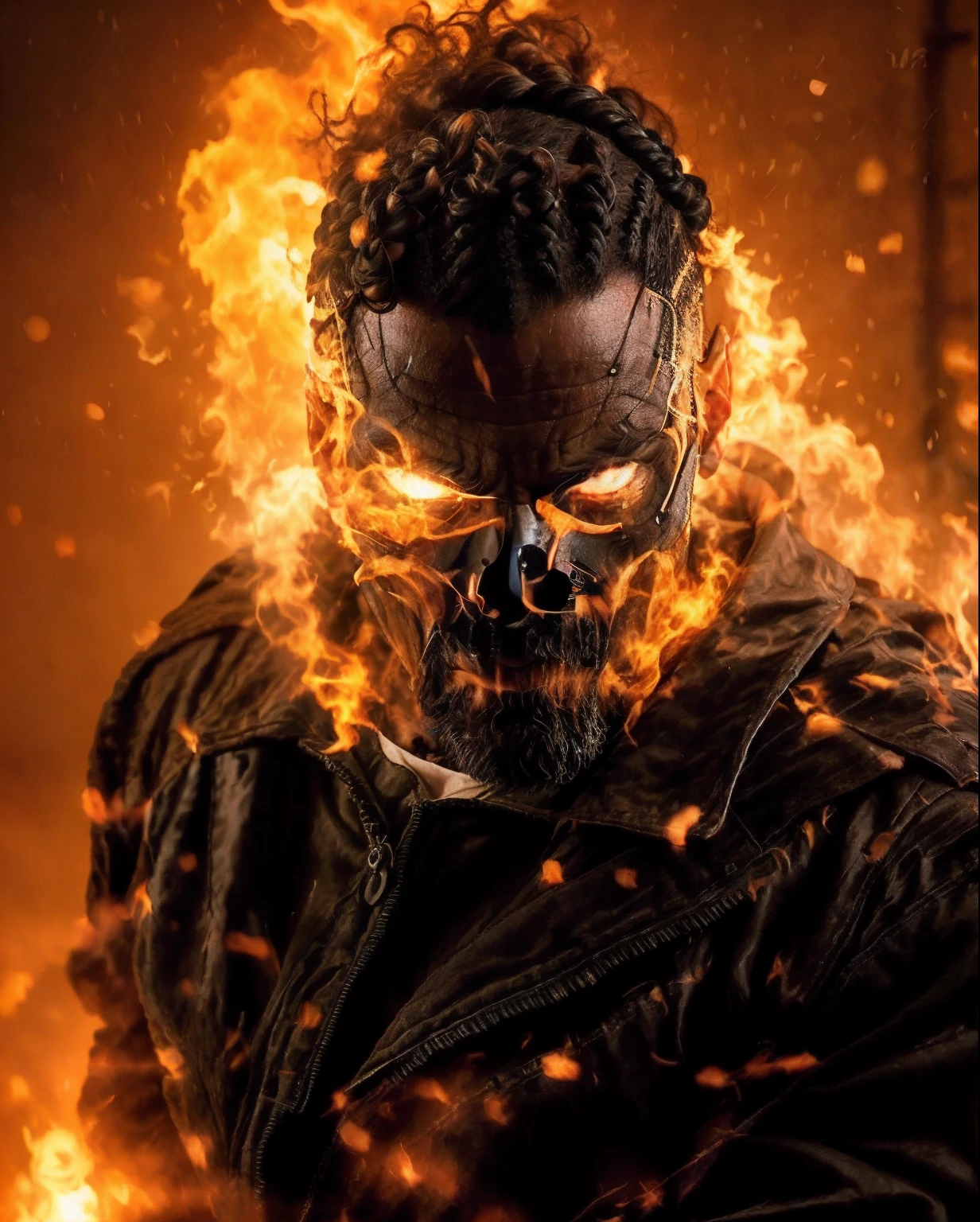 A man in a leather jacket with a burning mask on - SeaArt AI