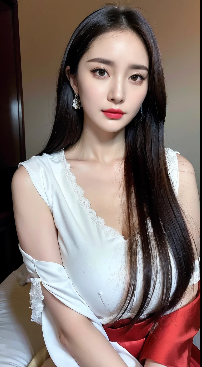 A Close Up Of A Woman Sitting On A Bed Wearing A White Top Seaart Ai