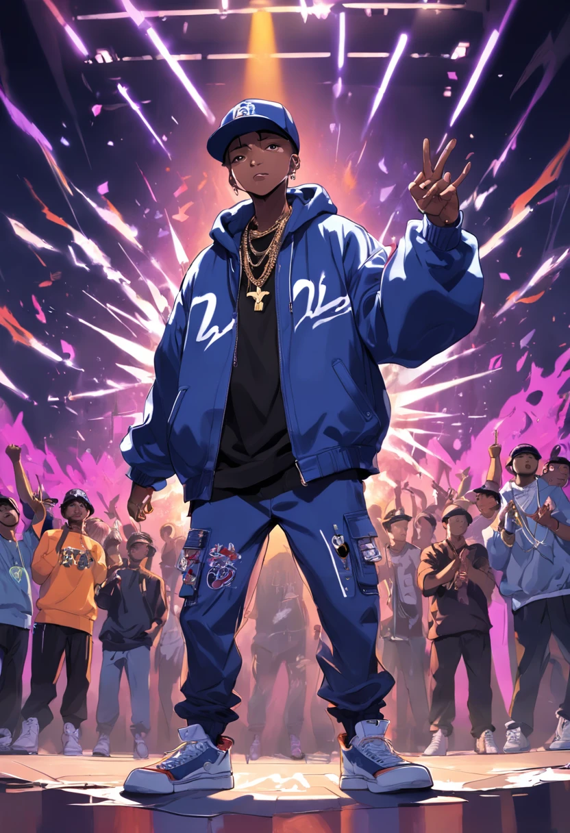 A cartoon of a man in a blue jacket and a crowd of people - SeaArt AI