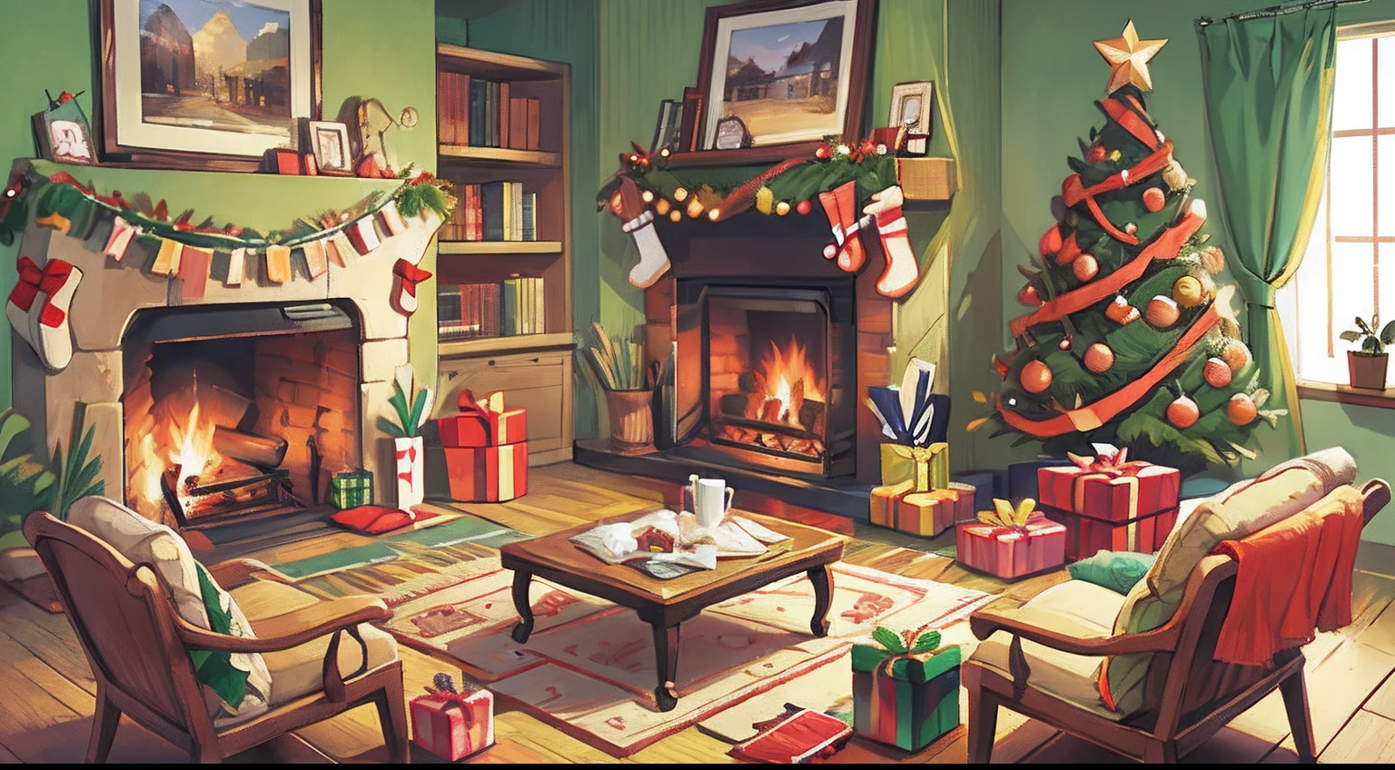 There is a christmas tree in the living room with presents - SeaArt AI