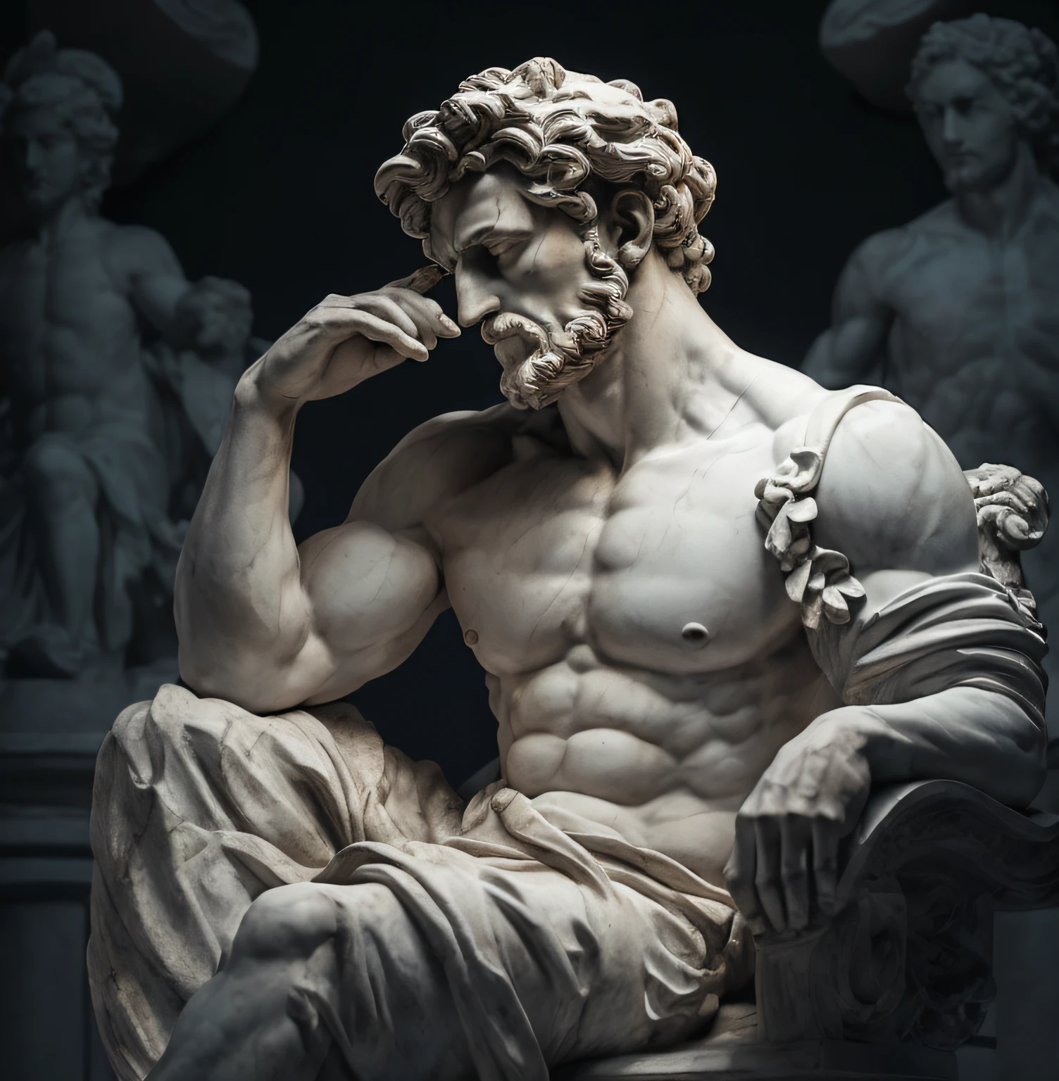 A close up of a statue of a man sitting on a chair - SeaArt AI