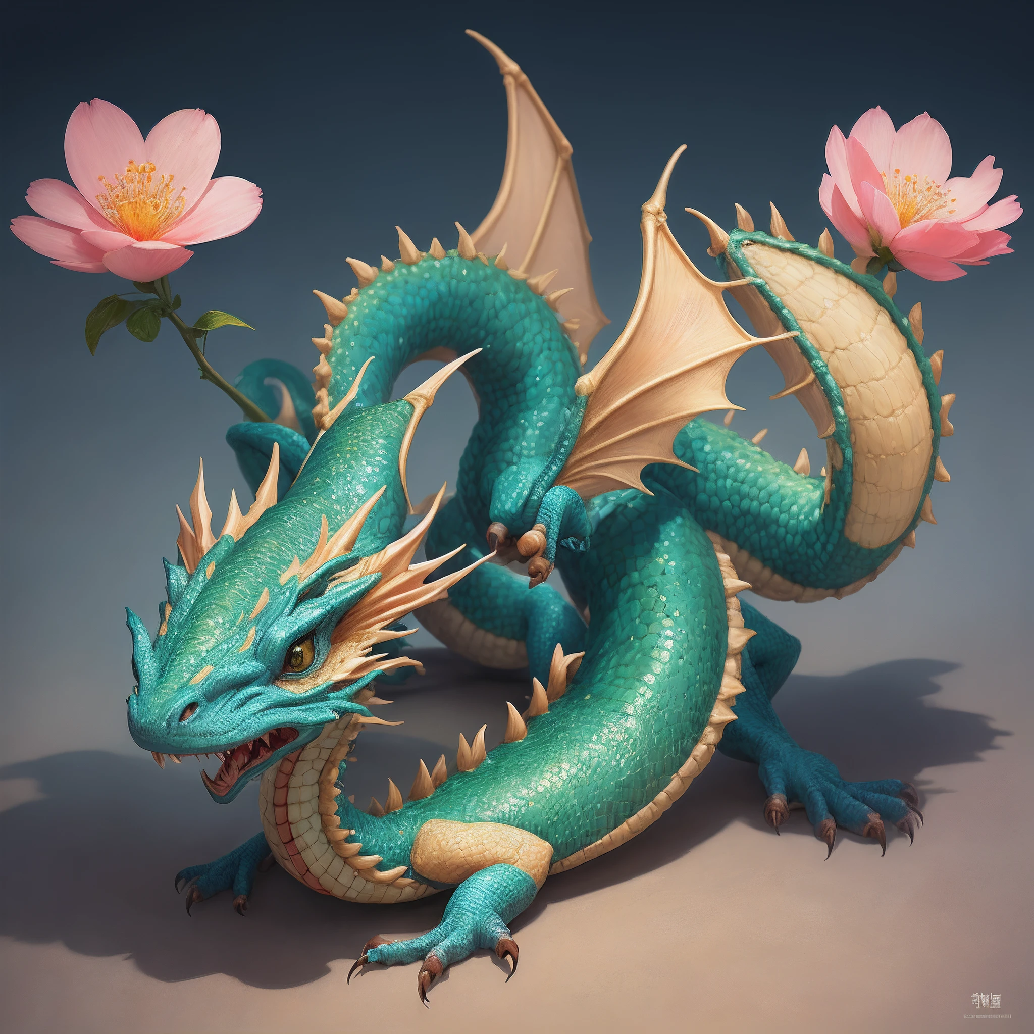 There is a green dragon with a flower in its mouth - SeaArt AI