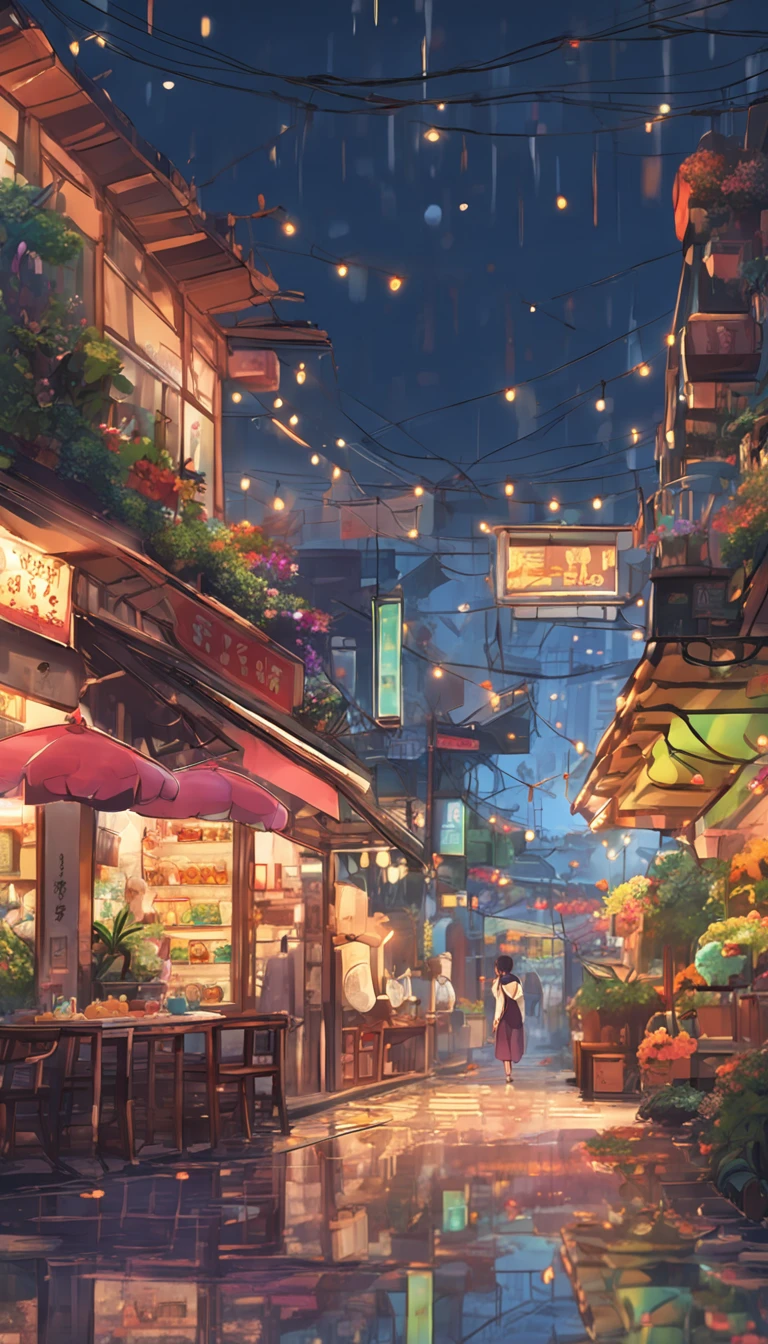 Anime city street scene with people walking down the street at night ...