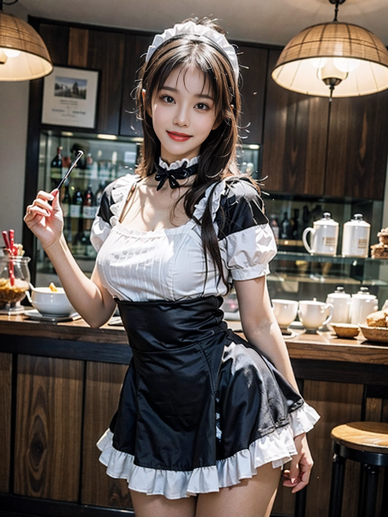 Araffe dressed in a maid outfit holding a knife in a kitchen - SeaArt AI