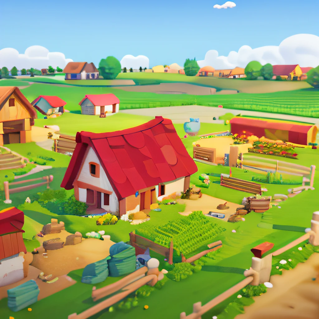 Cartoon farm with a red roof and a fence and a farm - SeaArt AI