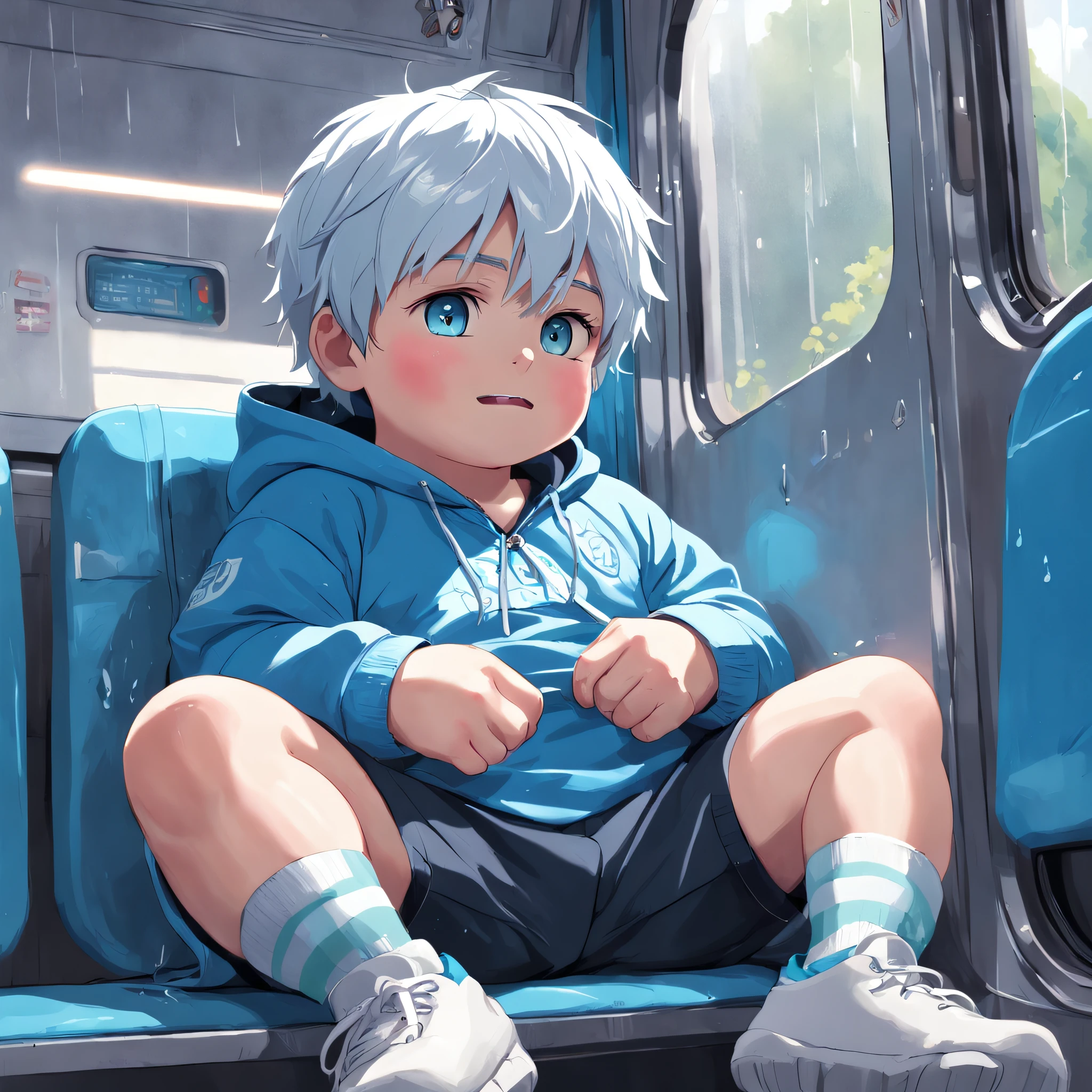 Anime boy sitting on a bus seat with his feet crossed - SeaArt AI
