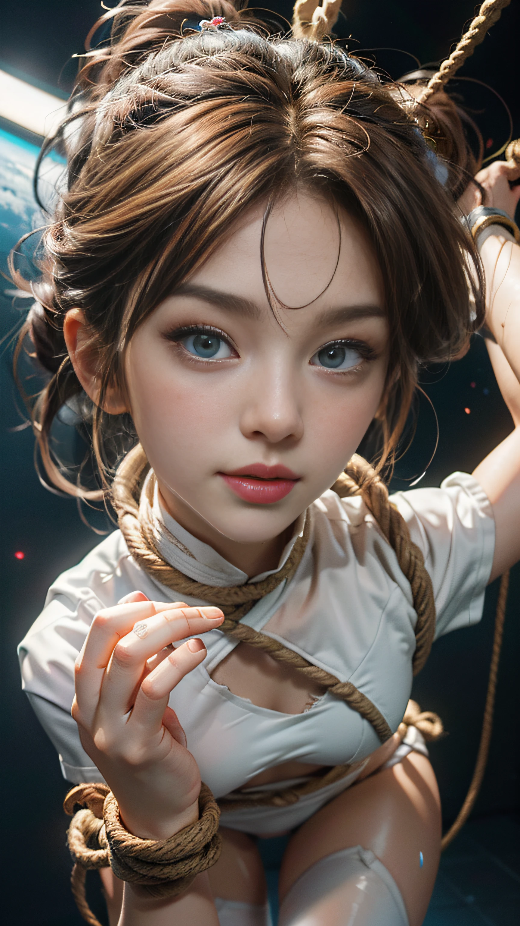 A woman in a white shirt tied up to a rope - SeaArt AI