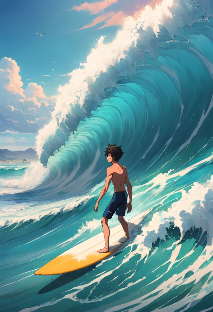 Anime boy on a surfboard in the ocean with a wave - SeaArt AI