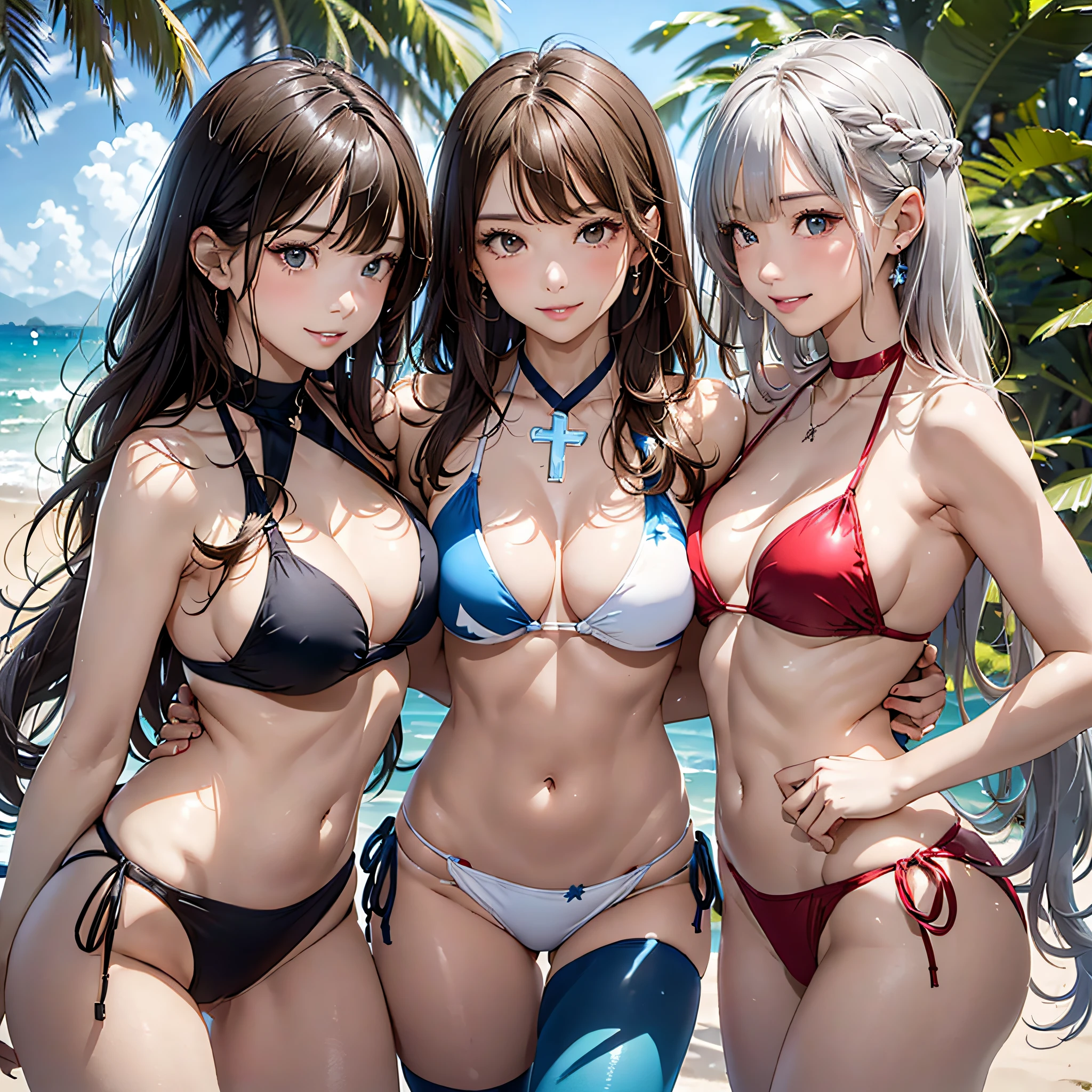 Three sexy women in bikinis posing for a picture on the beach - SeaArt AI