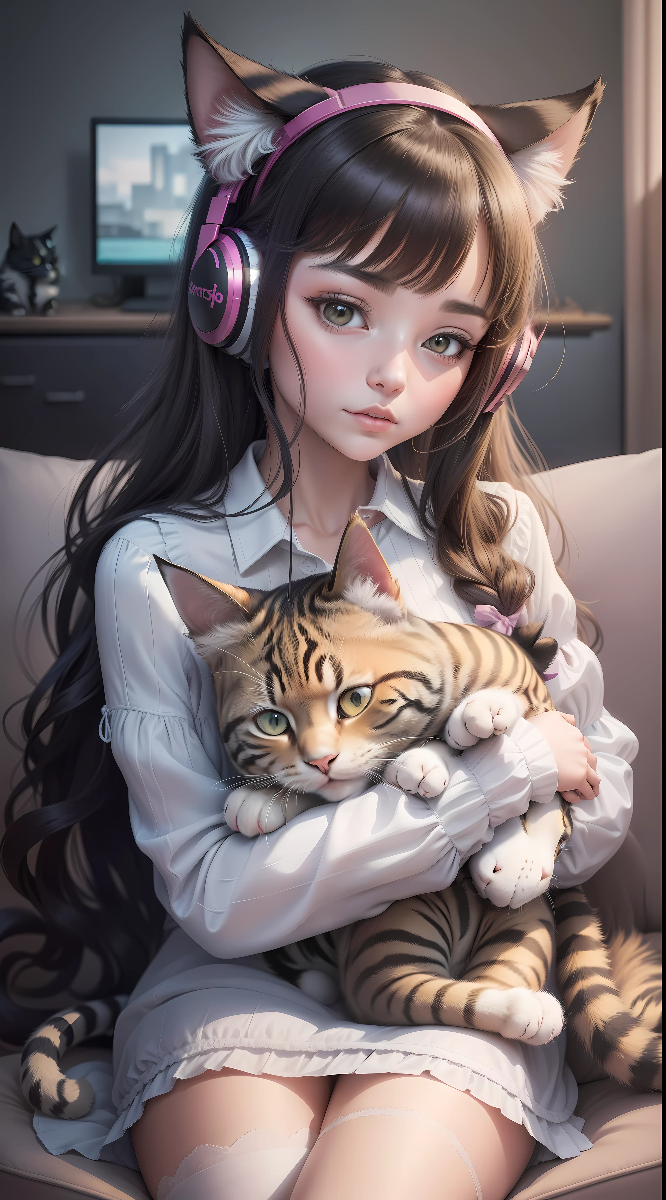 Anime girl with cat ears and headphones holding a cat - SeaArt AI