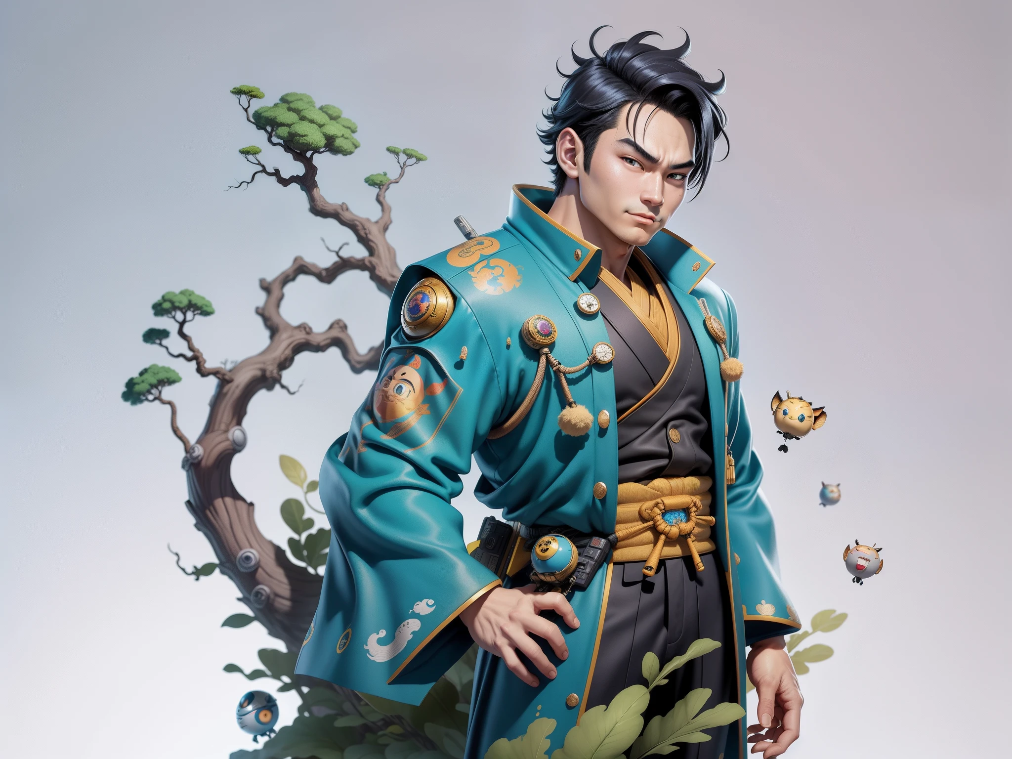 A close up of a person in a blue jacket and a tree - SeaArt AI