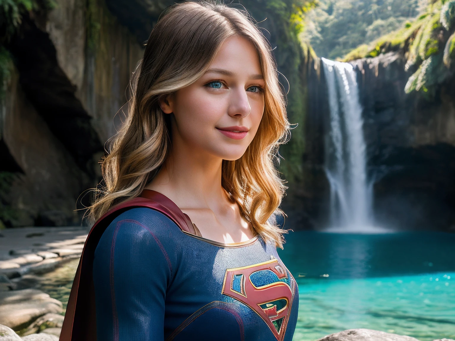 A woman in a superman costume standing in front of a waterfall - SeaArt AI