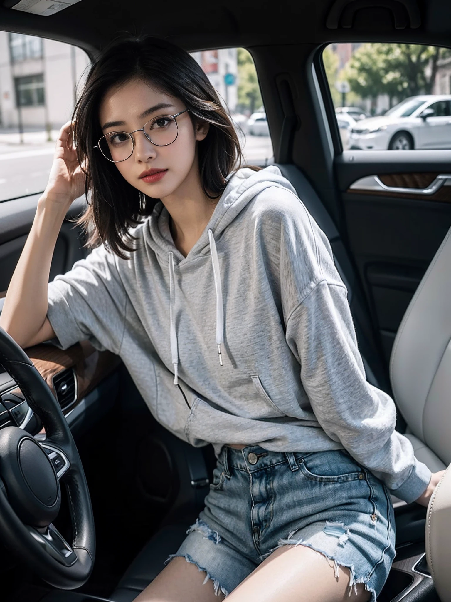 A woman sitting in the driver's seat of a car wearing glasses - SeaArt AI