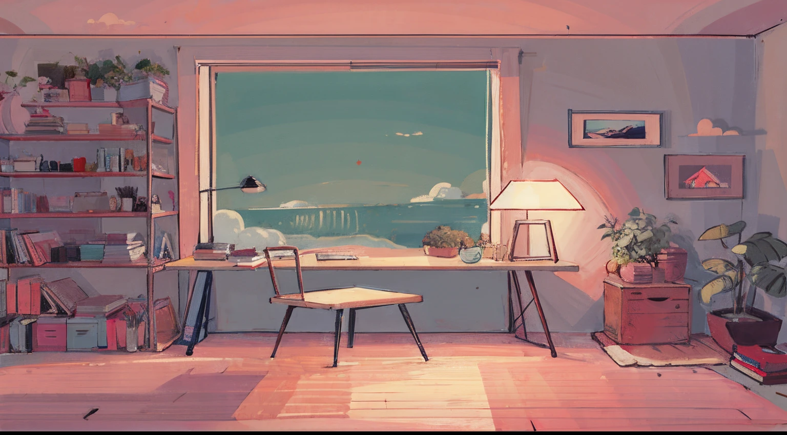 There is a room with a desk and a window with a view - SeaArt AI