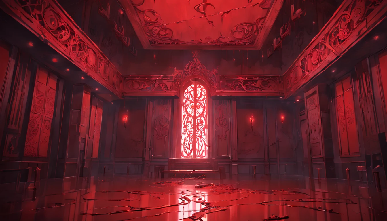 A red light shines through a room with a stained glass window - SeaArt AI
