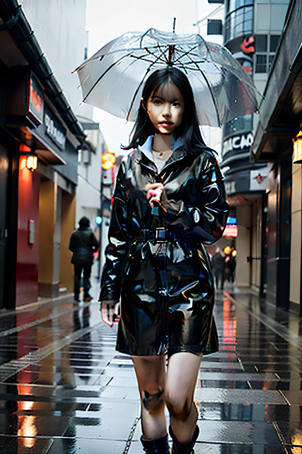 Woman in black raincoat walking down a wet street holding an umbrella ...