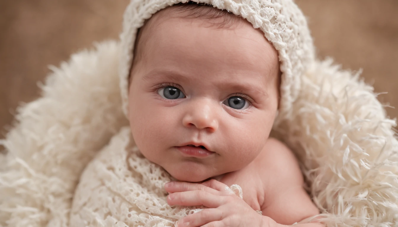 A close up of a baby wearing a headband on a bed - SeaArt AI