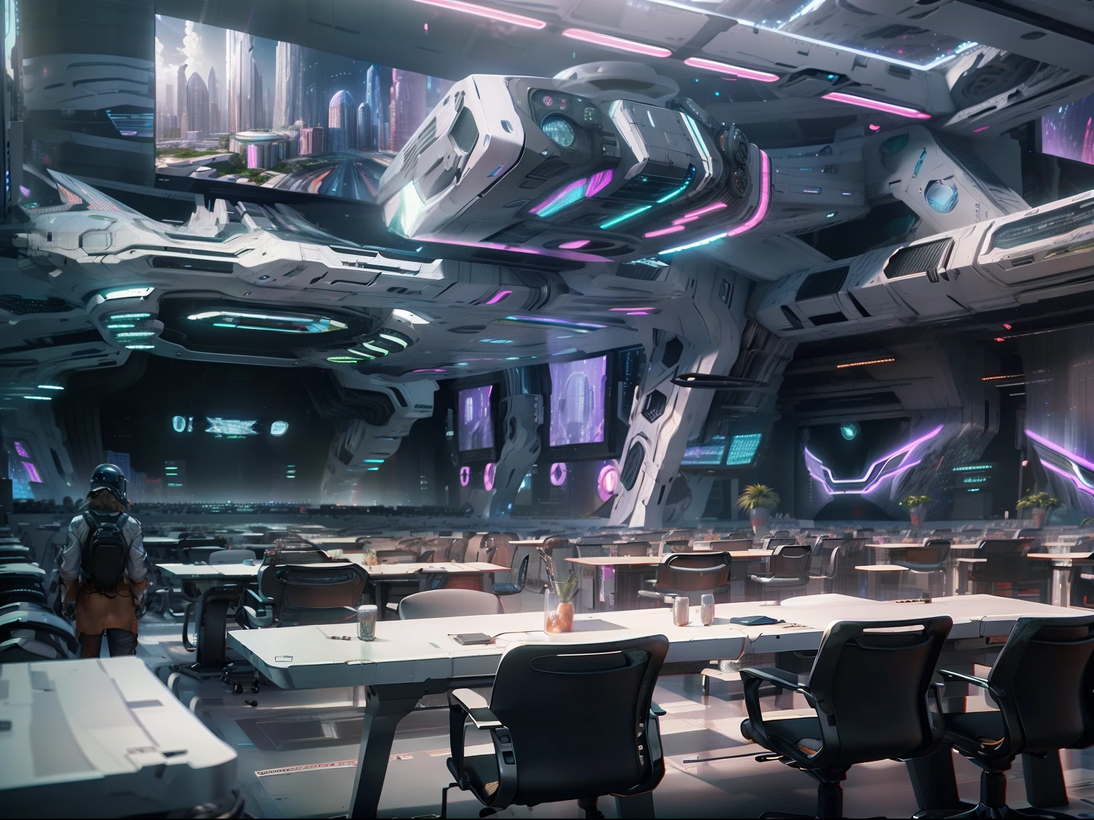 Spaceship restaurant with futuristic interior and futuristic lighting ...