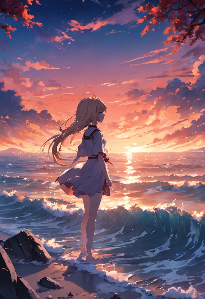 Anime girl standing on the beach looking at the sunset - SeaArt AI