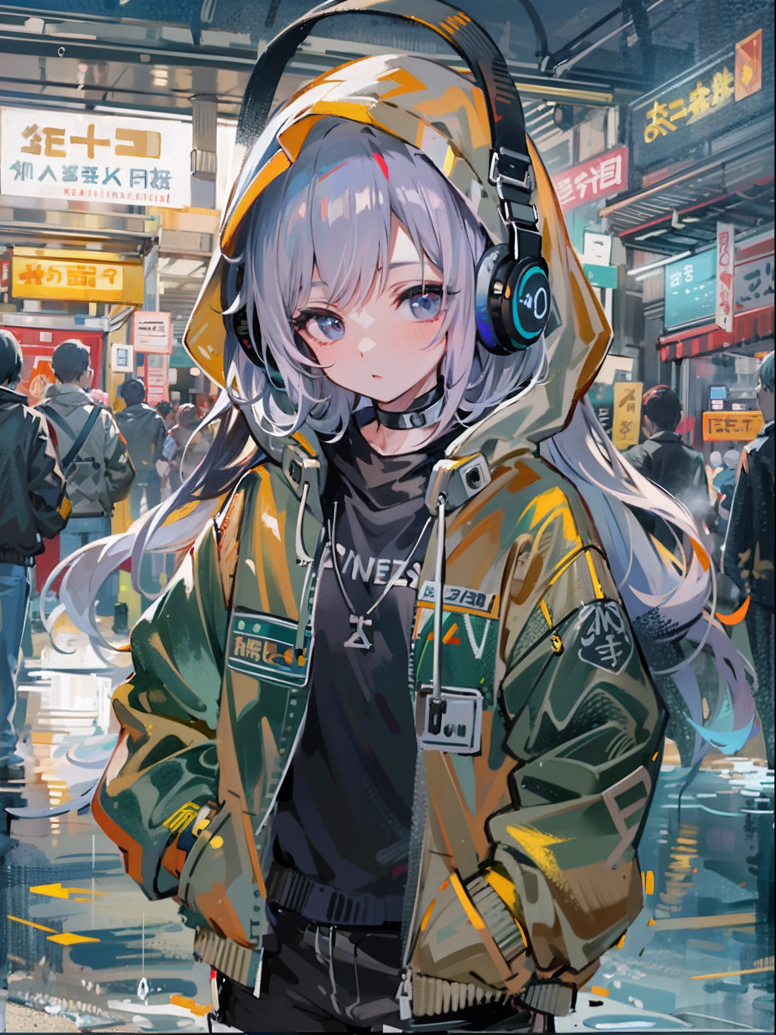 Anime girl in a raincoat with headphones on in a busy city - SeaArt AI