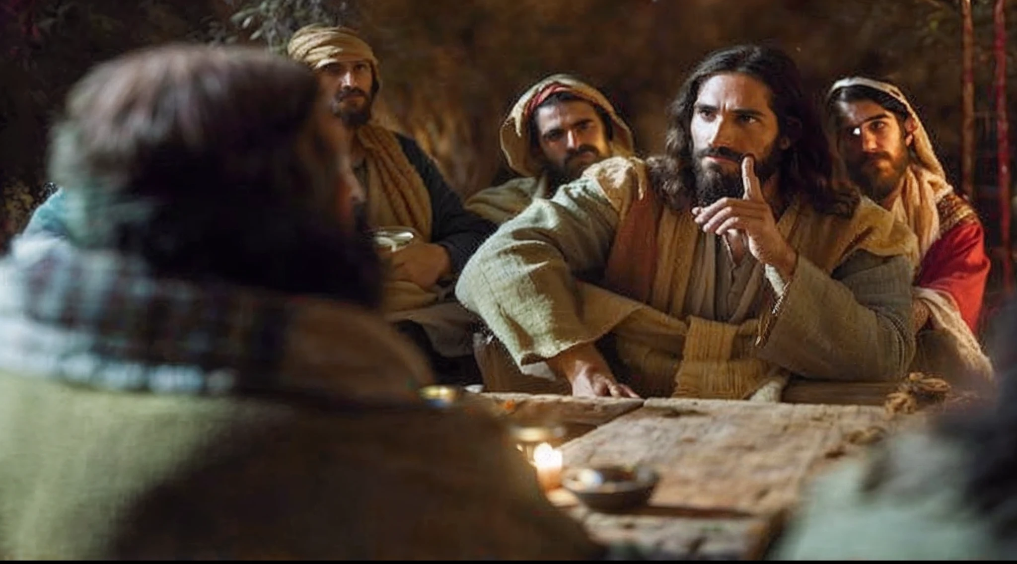 Jesus is sitting at a table with other people in a cave - SeaArt AI