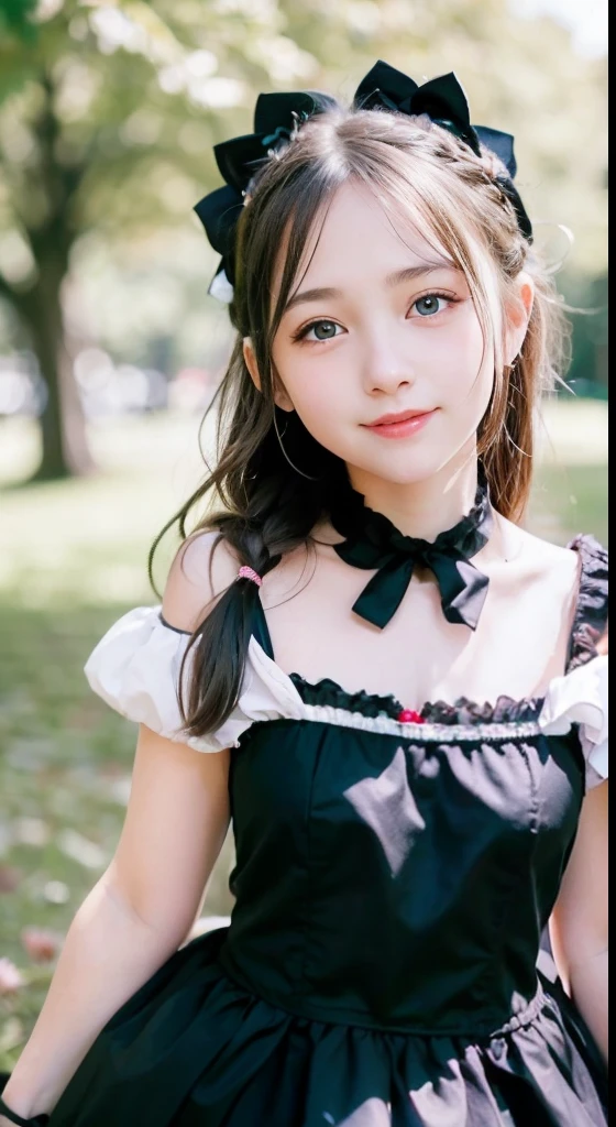 A close up of a young girl in a black dress posing for a picture ...