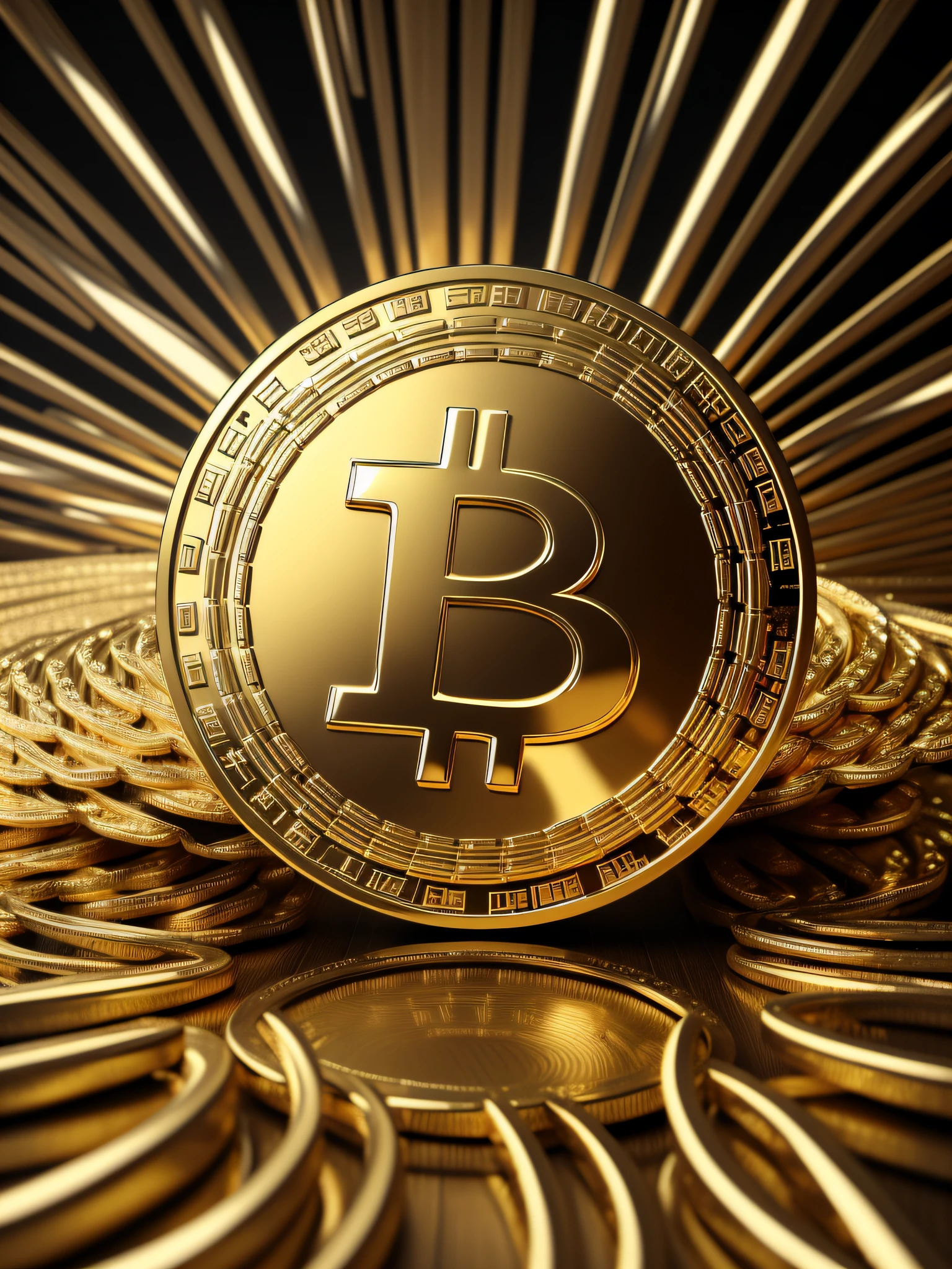 A pile of golden bitcoins with a bitcoin on top - SeaArt AI