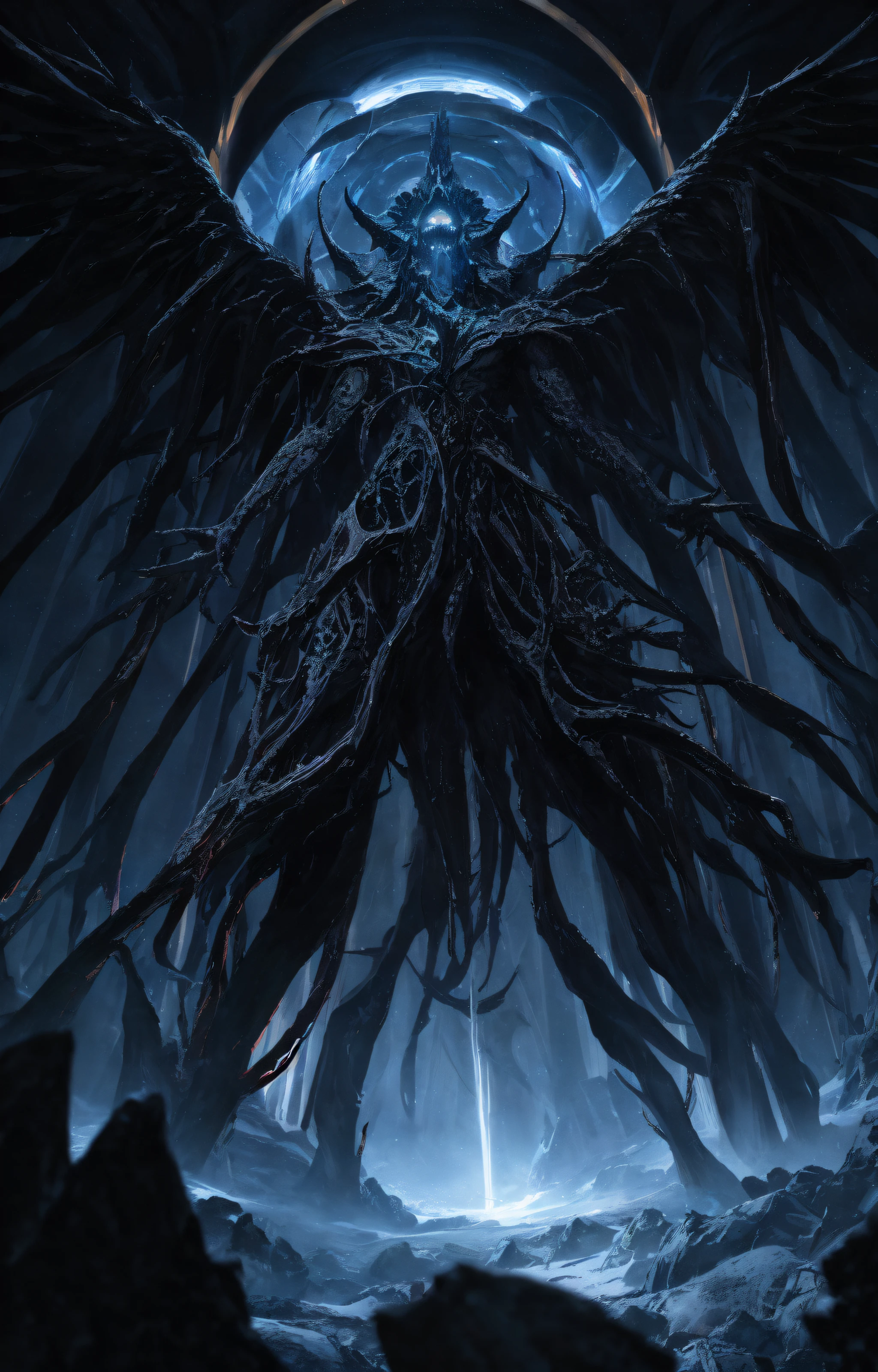 A dark angel with wings and a halo above it - SeaArt AI