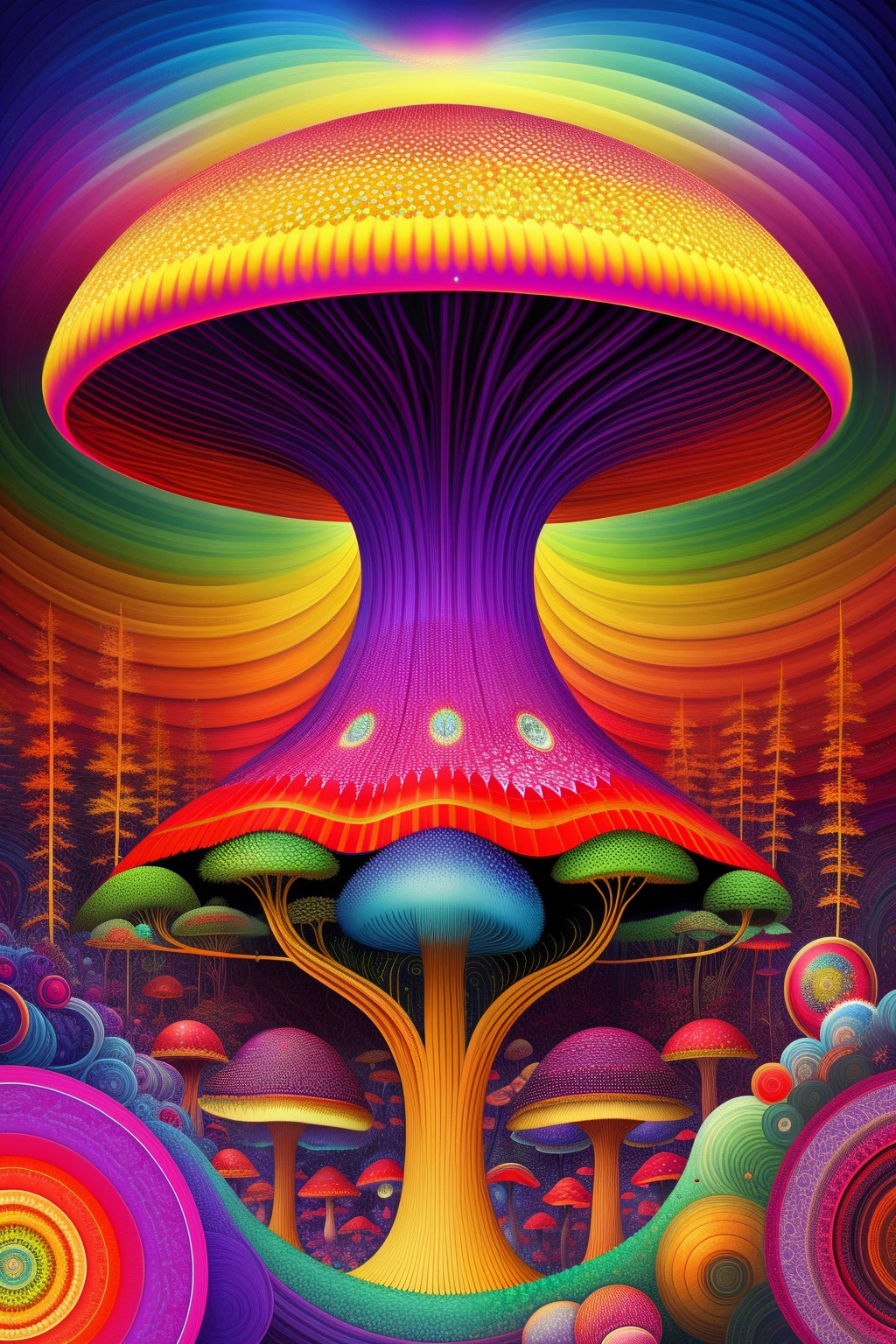 A psychedelic psychedelic mushroom with a rainbow colored background ...