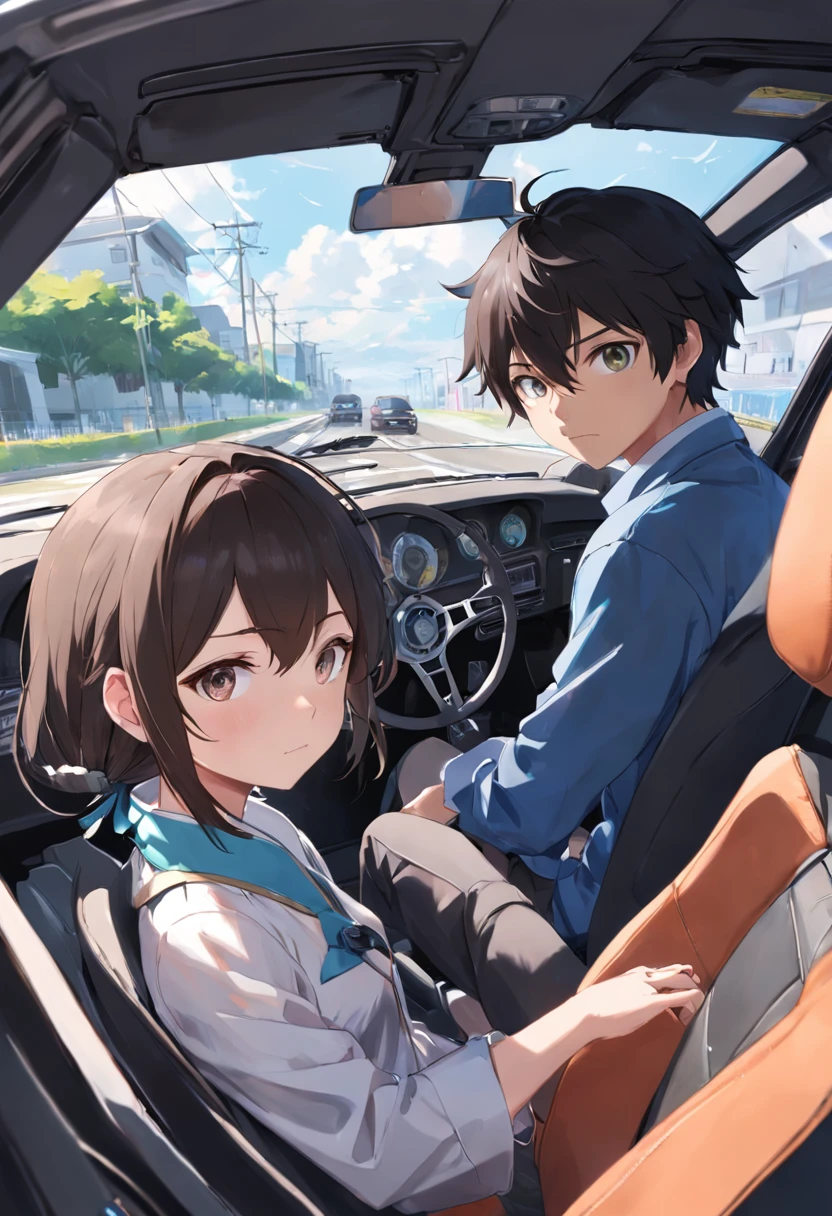 Anime couple in car with driver and passenger - SeaArt AI
