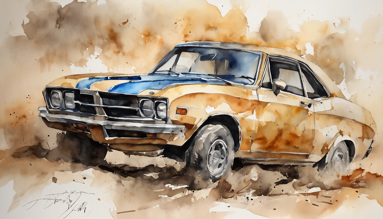 Painting of a car with a blue stripe on the hood - SeaArt AI