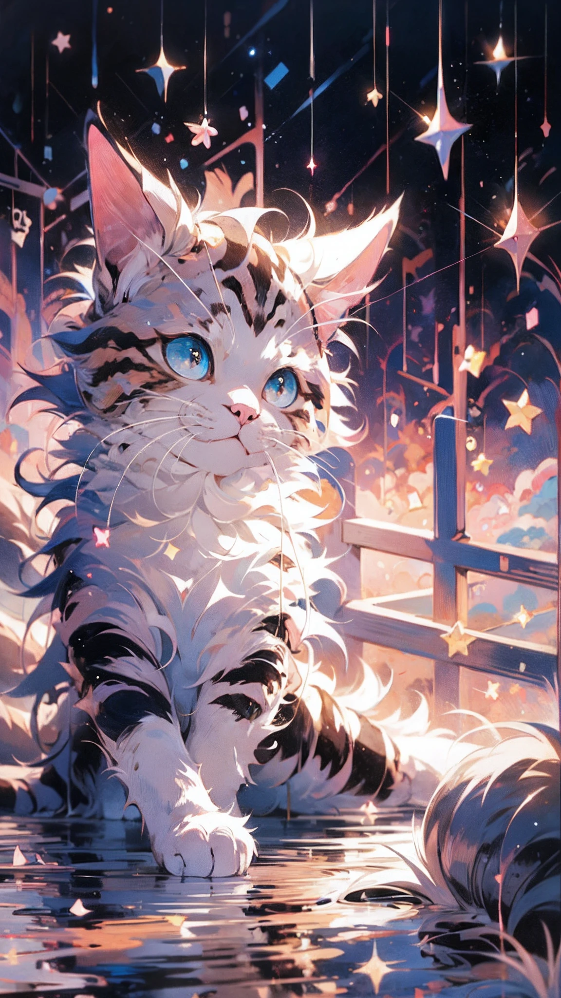 A cat sitting on the ground in front of a fence - SeaArt AI