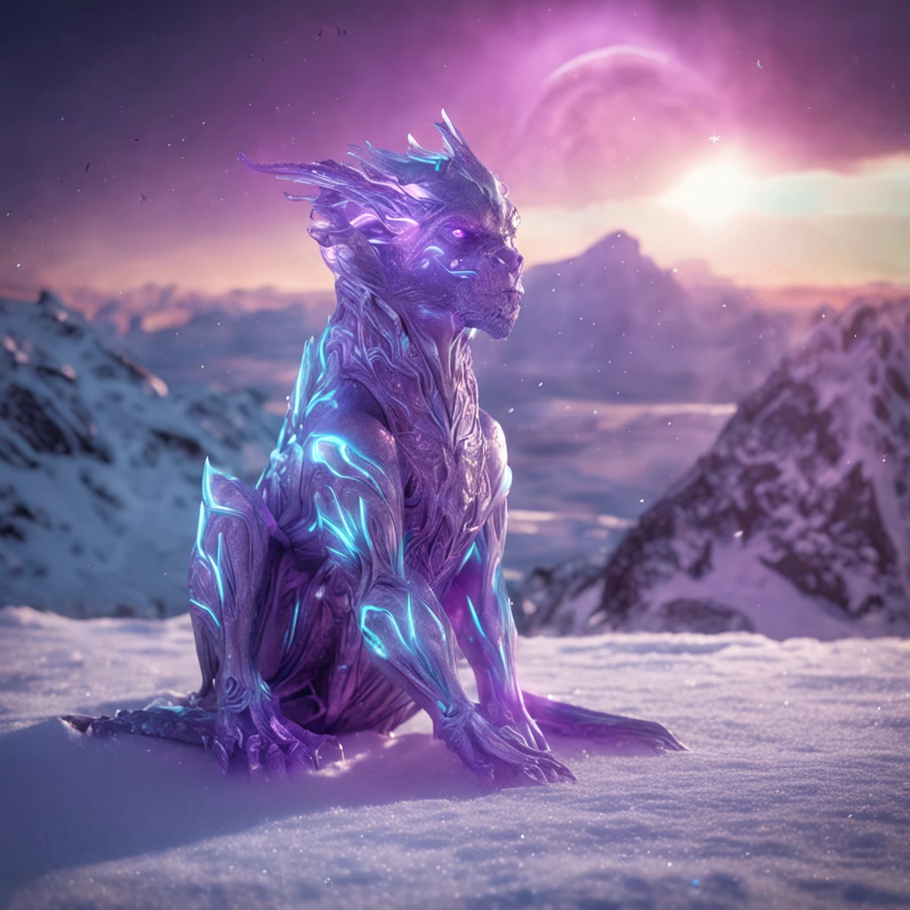 A close up of a purple and blue dragon sitting on a snow covered ground ...