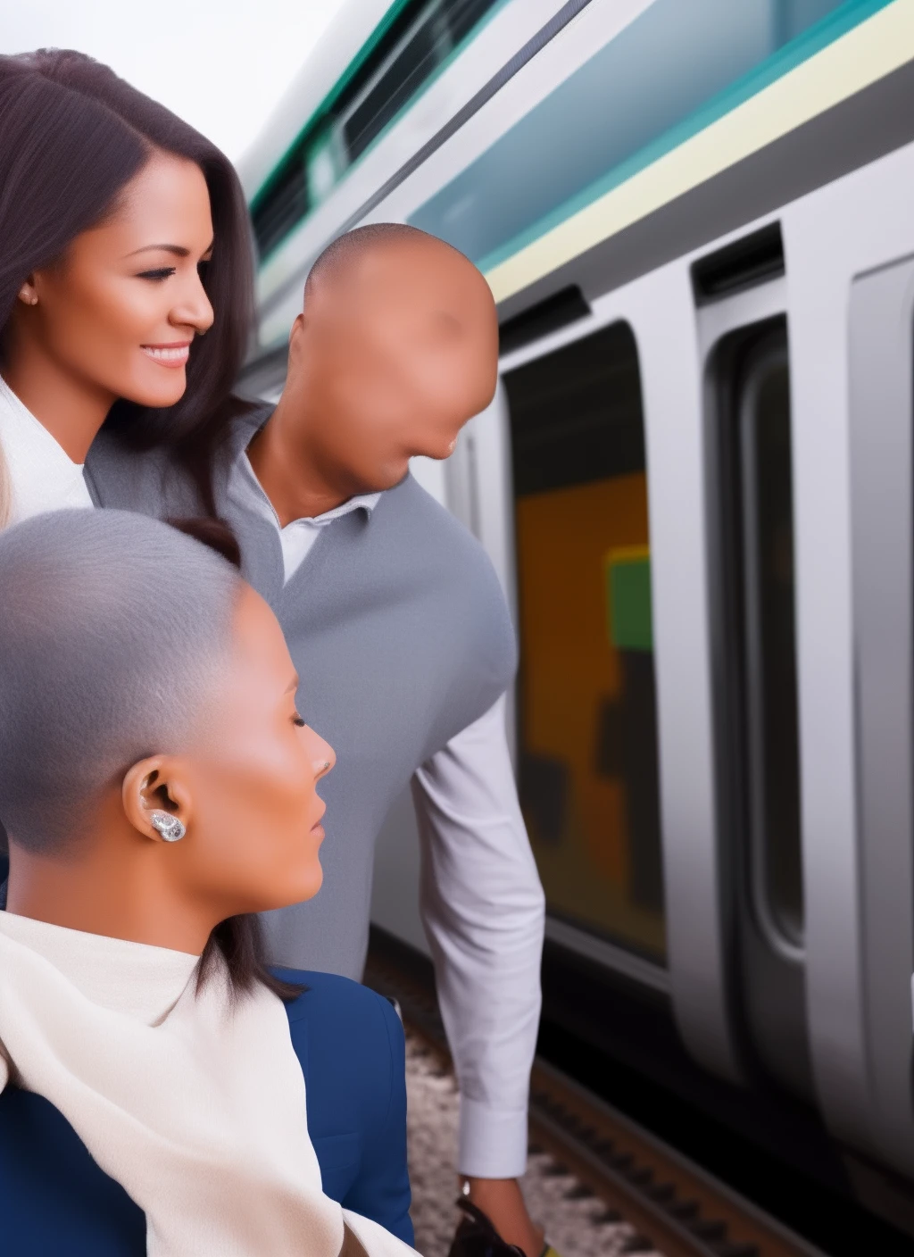 There are two people standing next to a train with a bald head - SeaArt AI