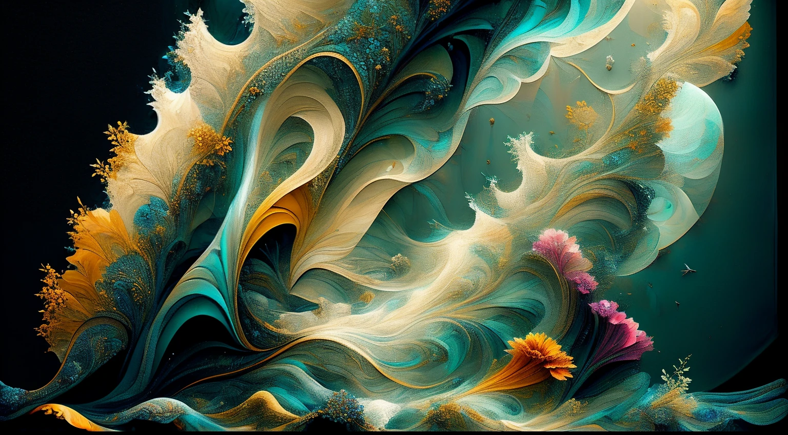 Abstract painting of a wave with flowers and leaves - SeaArt AI