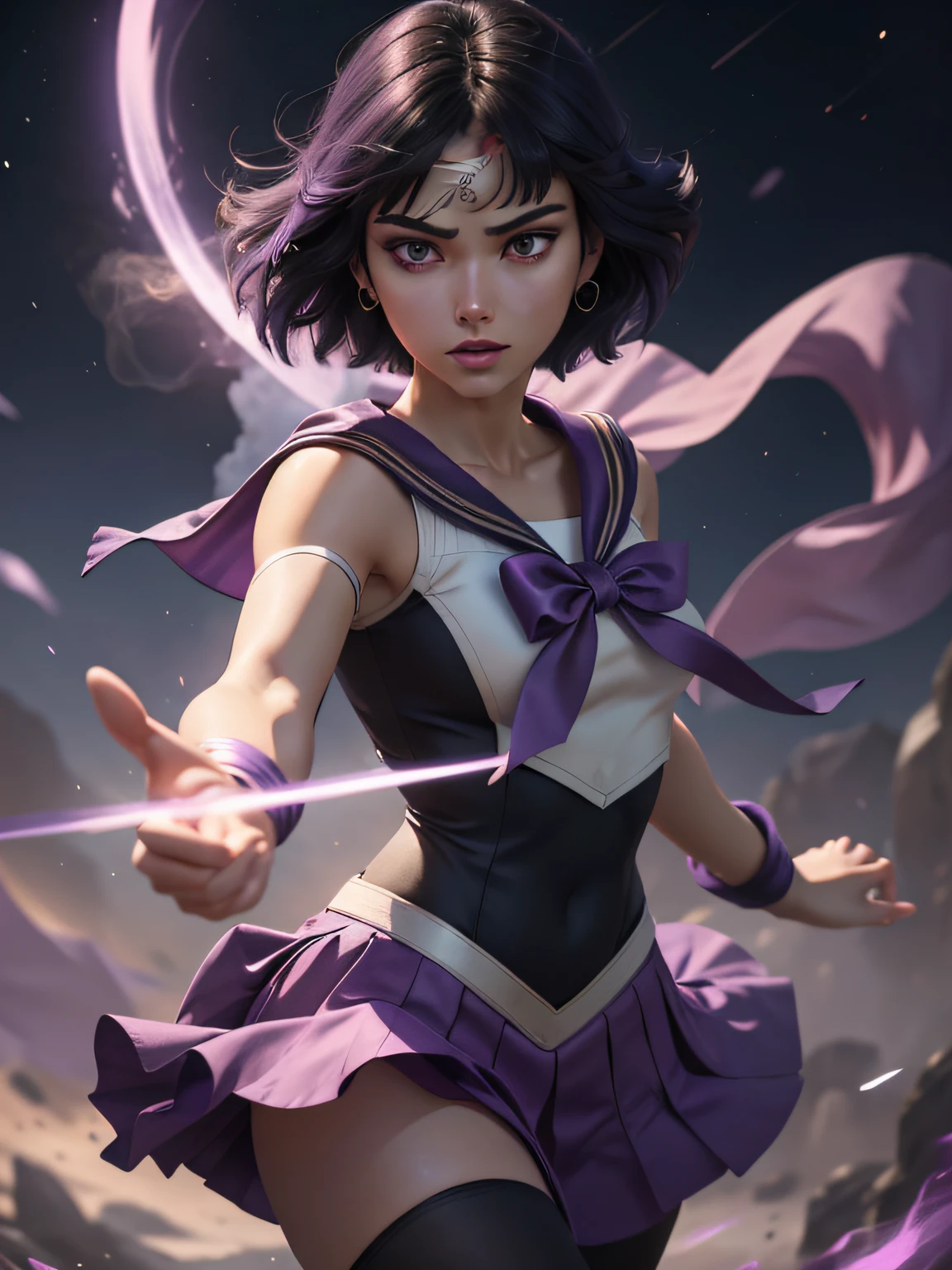 A woman in a purple dress holding a wand and a purple ribbon - SeaArt AI
