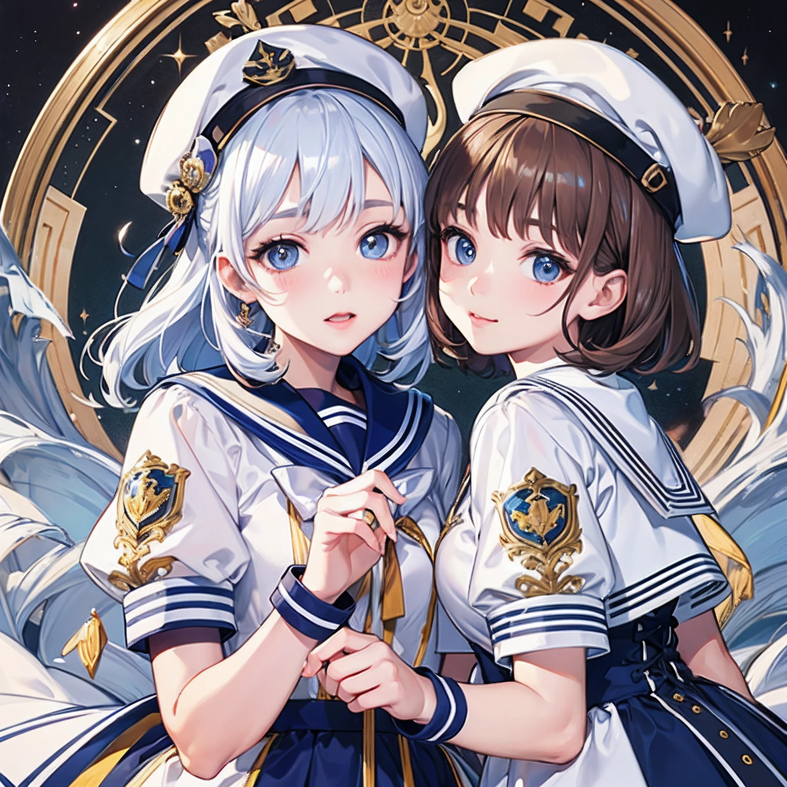 Anime girls in sailor uniforms posing for a picture in front of a clock ...