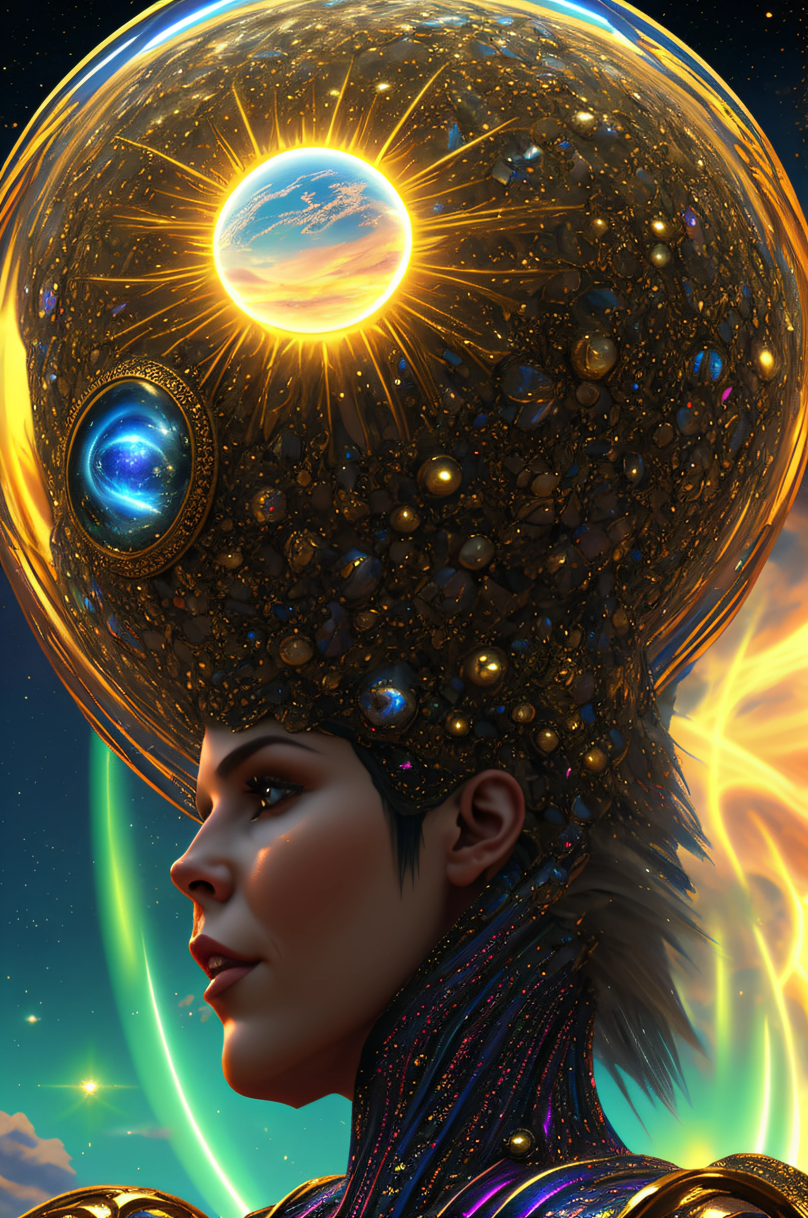 A woman with a large headpiece and a planet in the background - SeaArt AI