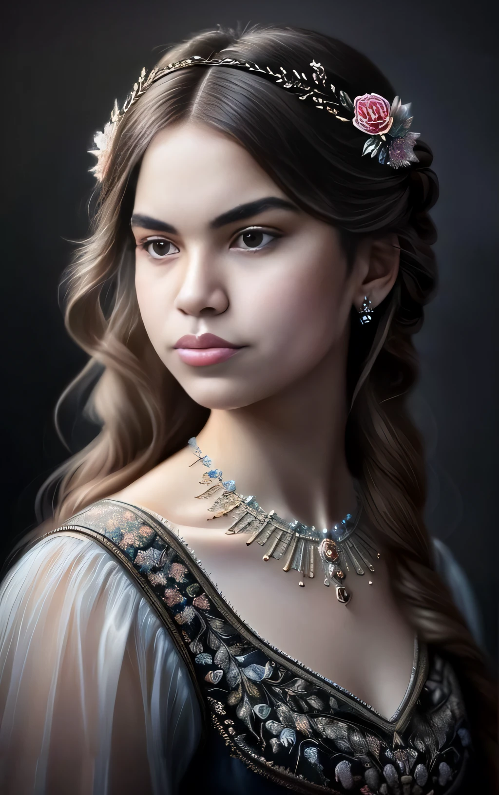 A woman with a flower in her hair wearing a tia - SeaArt AI