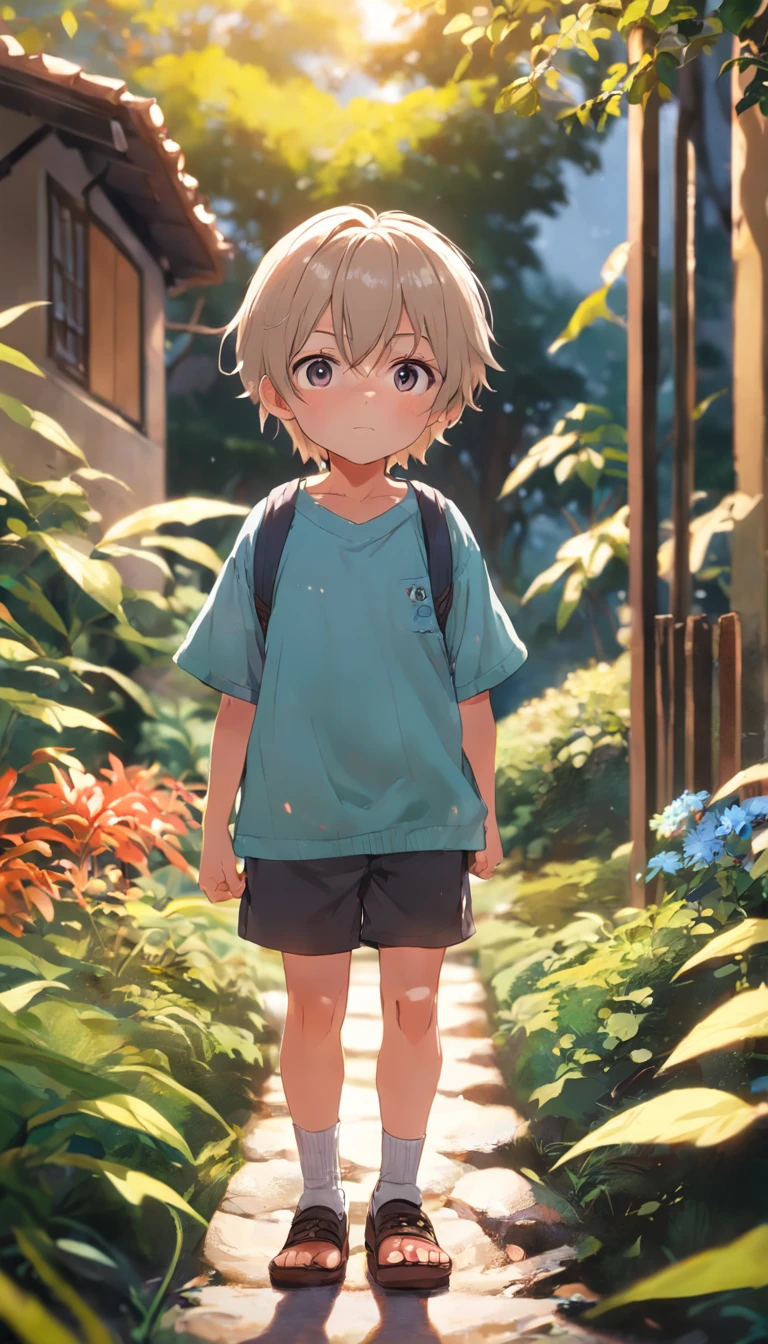 A boy standing in the middle of a path with a backpack - SeaArt AI
