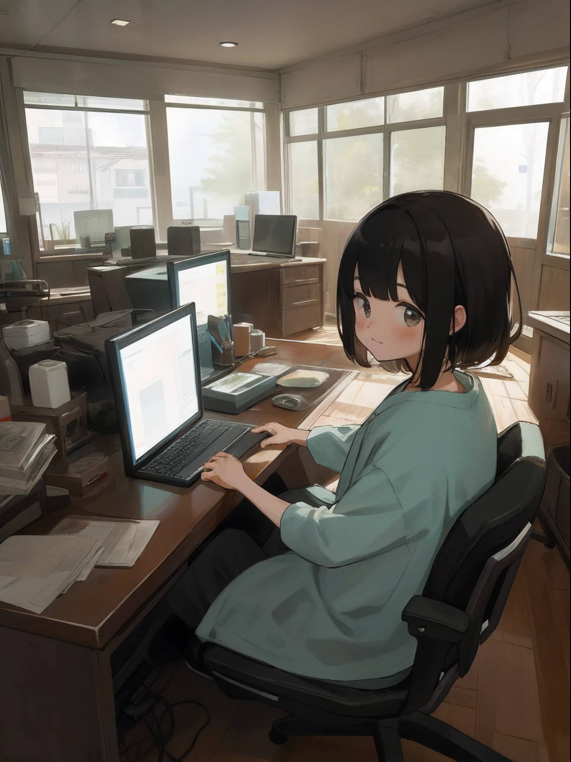 Anime girl sitting at a desk with a laptop computer - SeaArt AI
