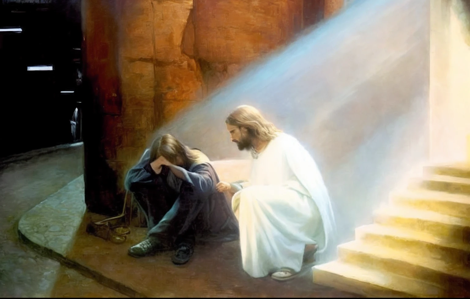 Jesus sitting on the ground with a man kneeling down - SeaArt AI